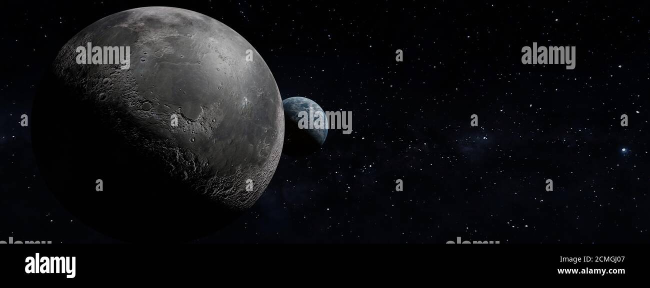 3d Render of a Panoramic Earth globe on the galaxy background with moon ...