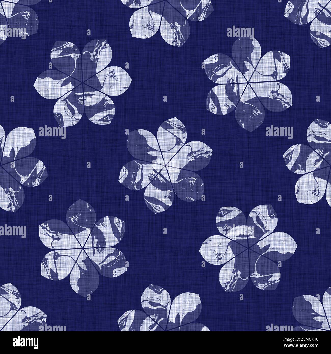 Indigo blue flower block print dyed linen texture background. Seamless ...