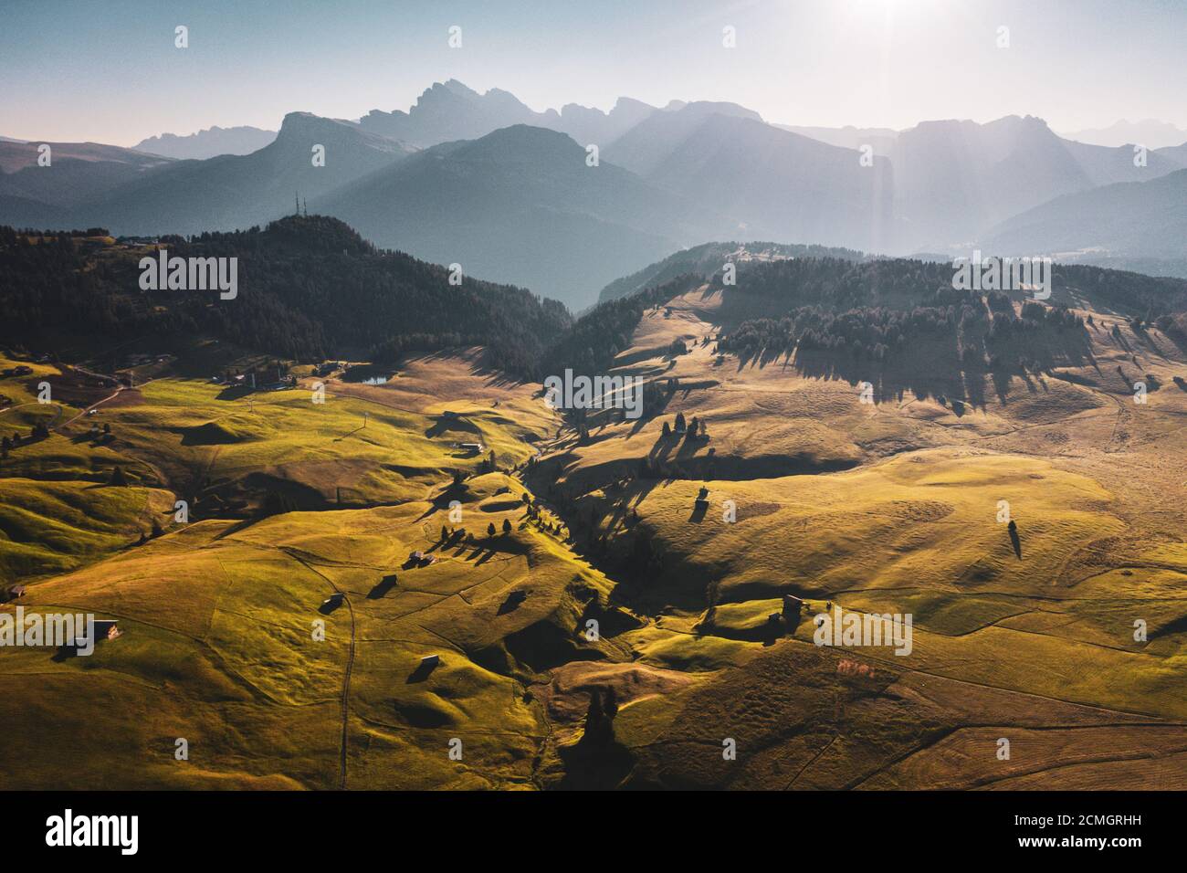 ITALY, TRENTINO ALTO ADIGE, ALPE DI SIUSI/SEISER ALM: Aerial view of ...