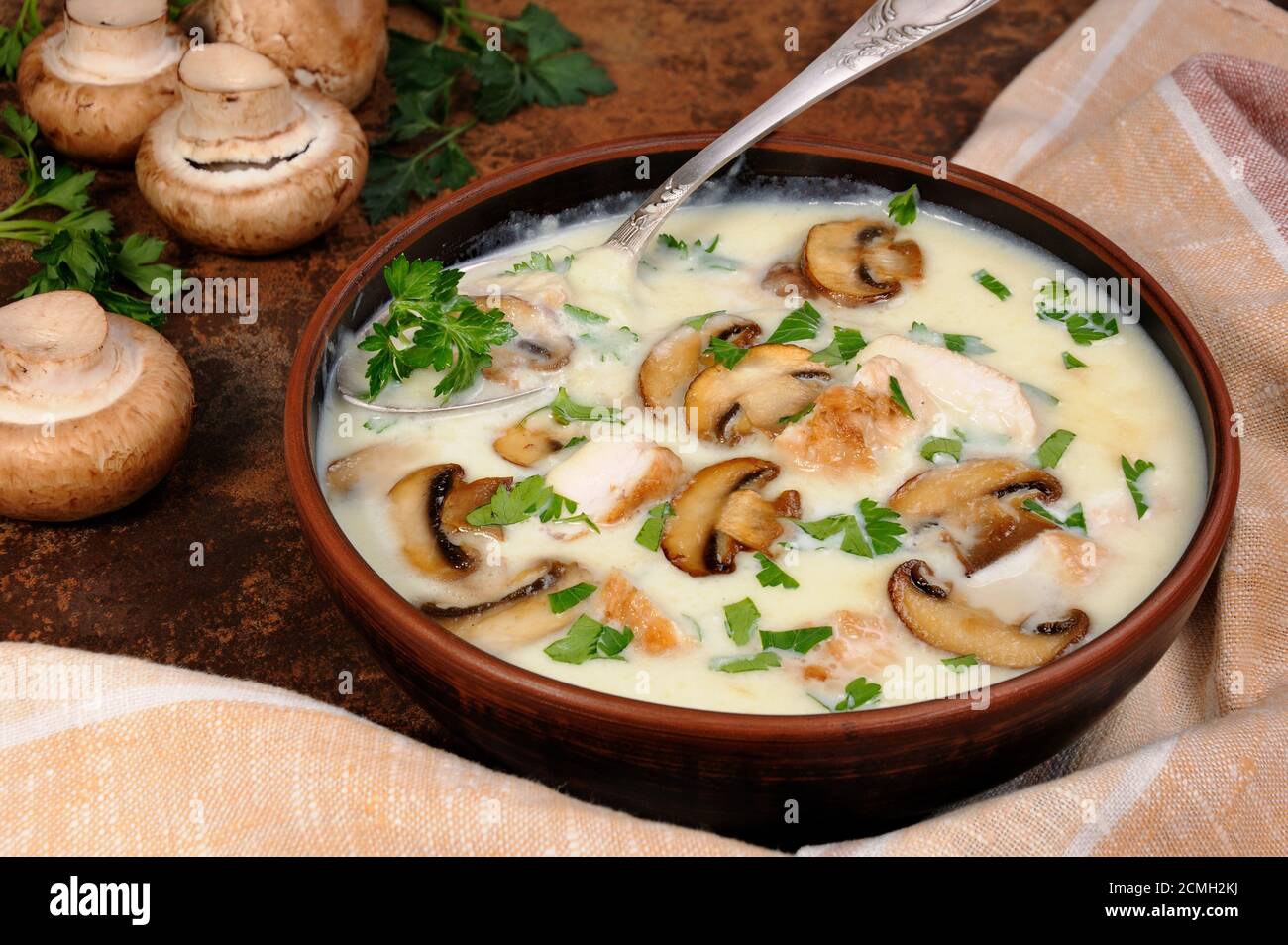 Soup puree from of champignons and chicken Stock Photo - Alamy