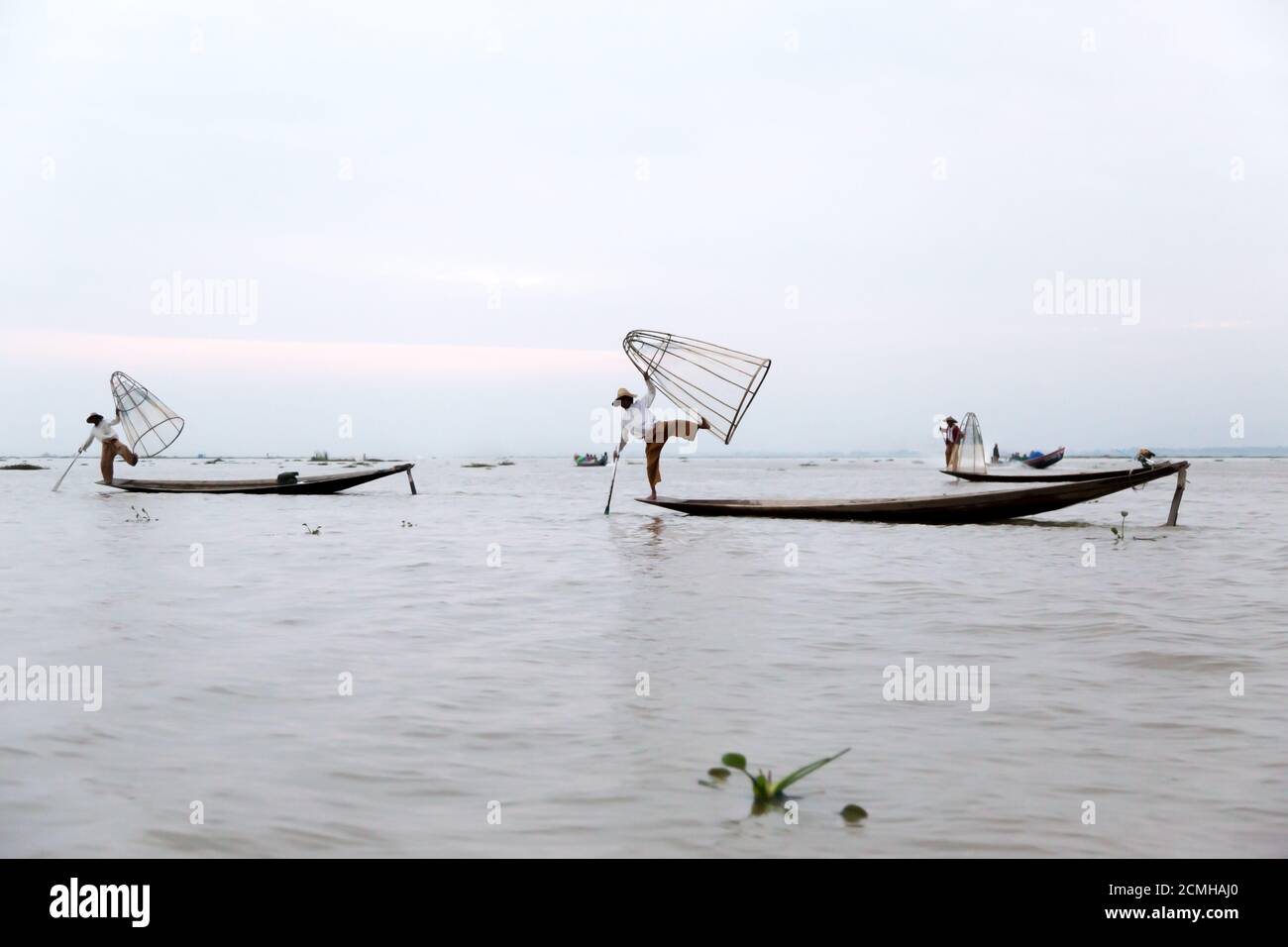 Inle Lake Myanmar 12/16/2015 Intha fisherman using traditional cone ...