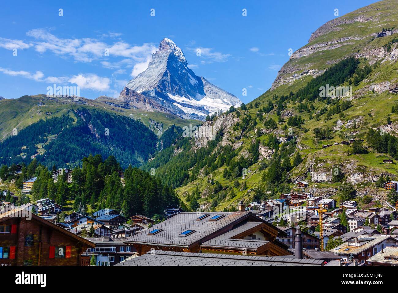 Sunny summer morning in Zermatt village with Matterhorn peak on ...