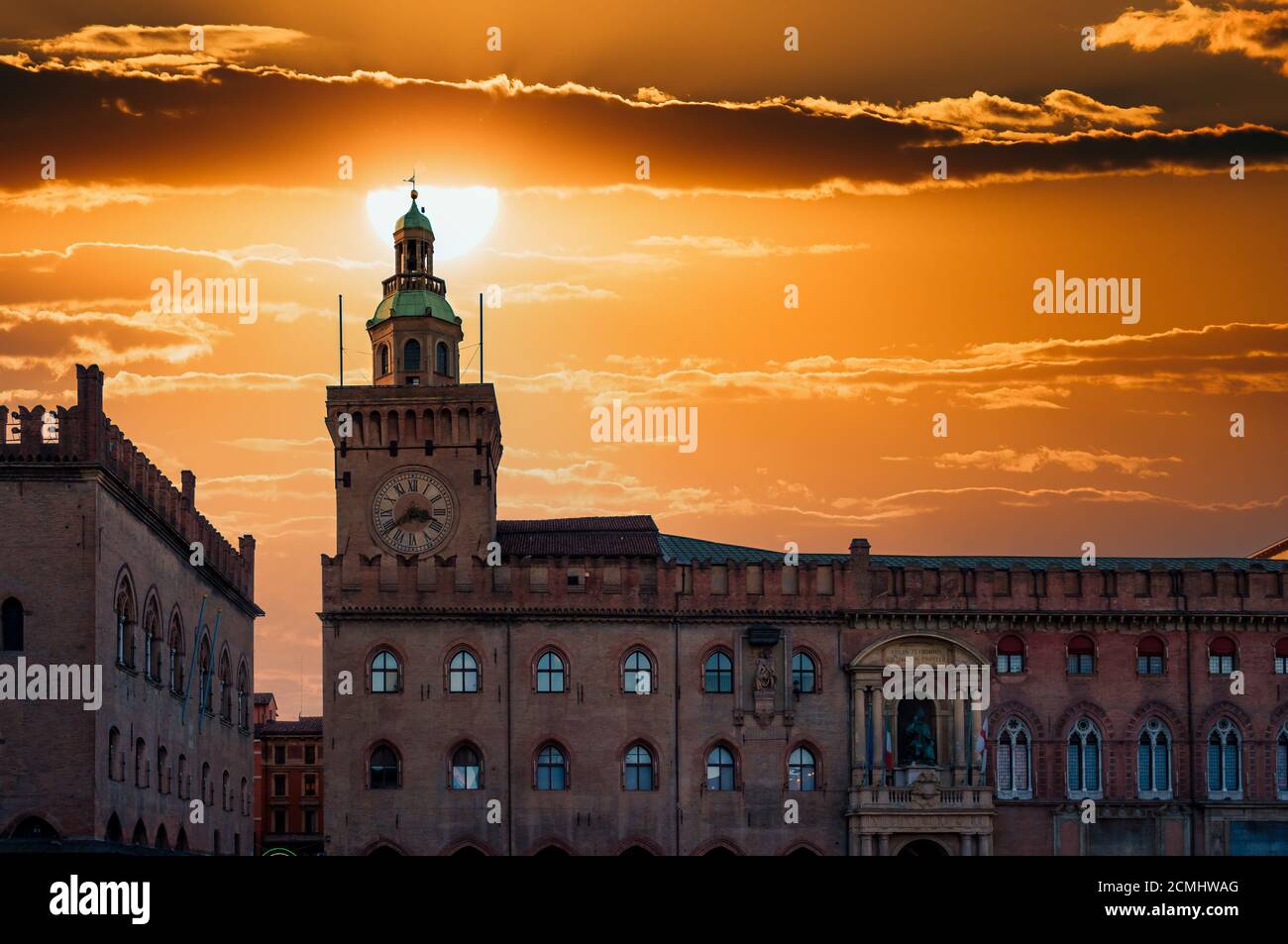 Piazza Maggiore in Bologna city under red sky of dramatic sunset Stock ...