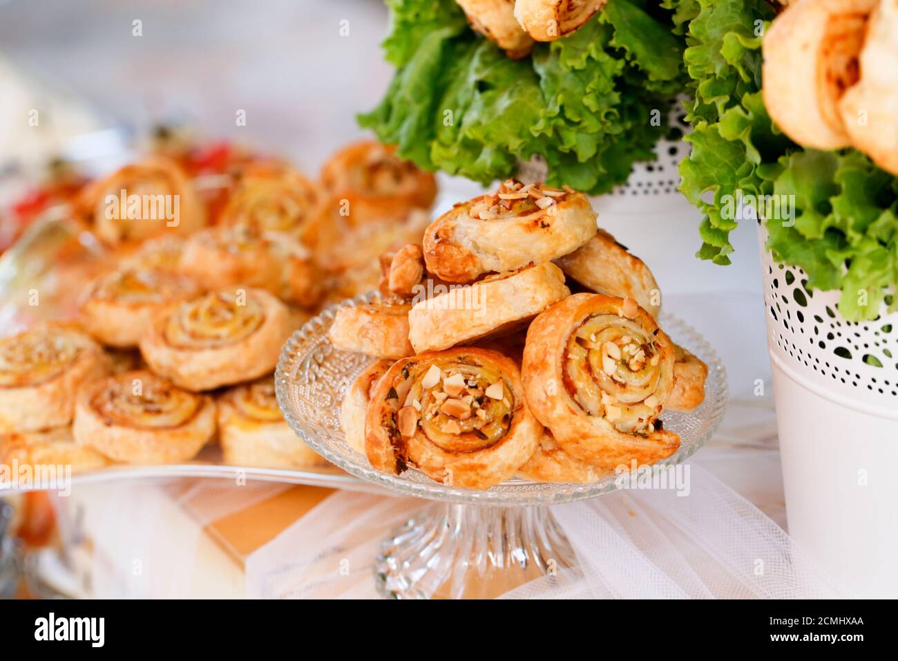 buffet for wedding ceremony with savory snacks and sandwiches. High ...