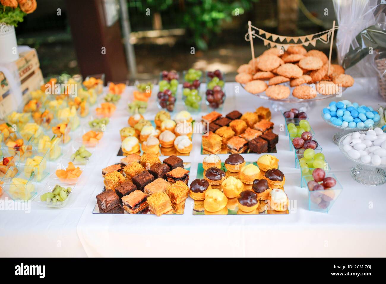 buffet for wedding ceremony with savory snacks and sandwiches. High ...
