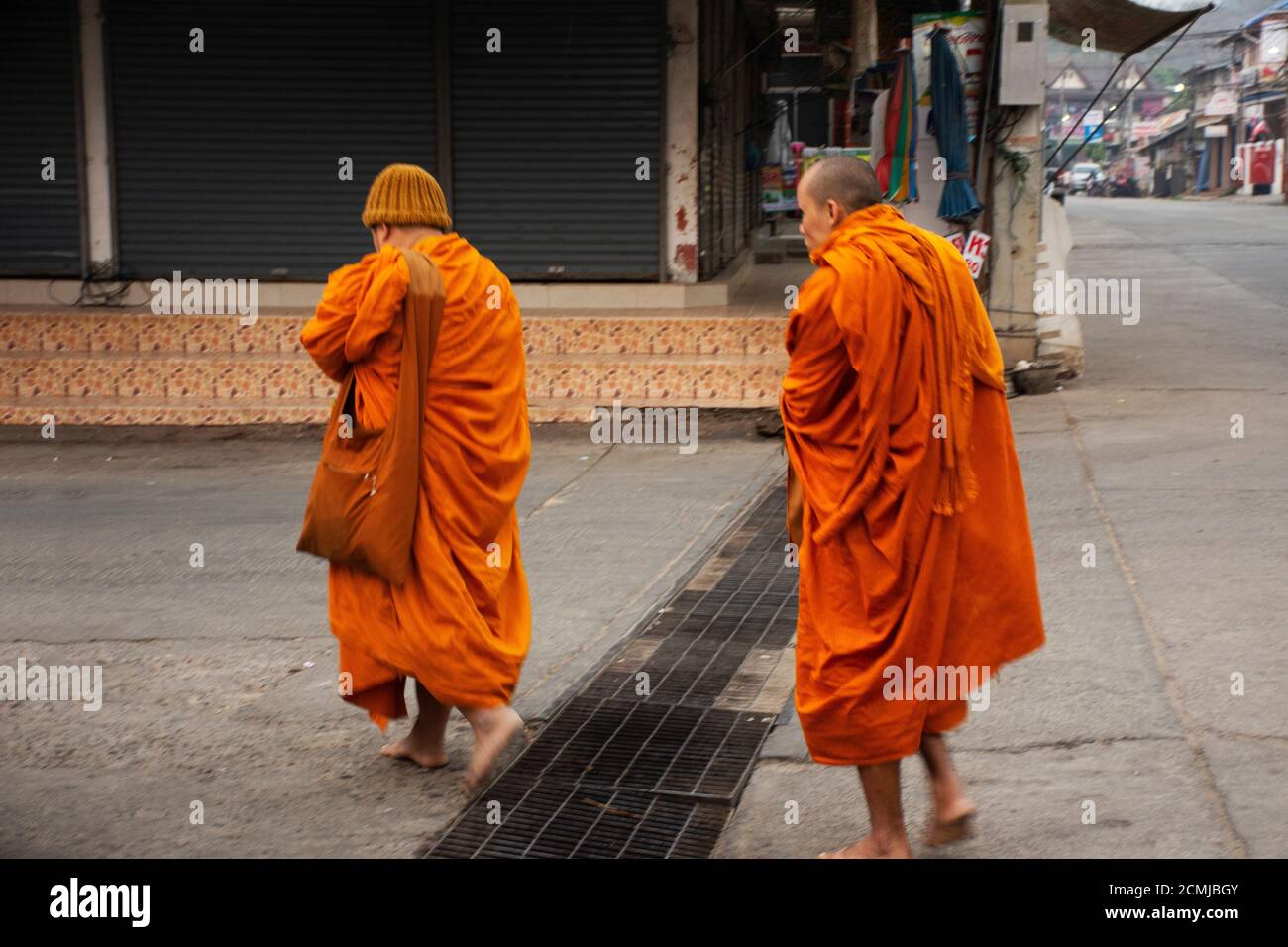 Parade of monks walking for received travelers and thai people respect ...