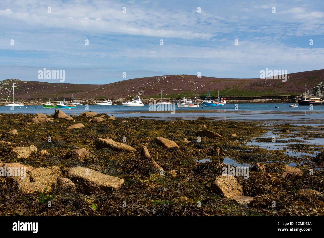 Boats anchored between Bryher and Tresco in the Isles of Scilly Stock ...