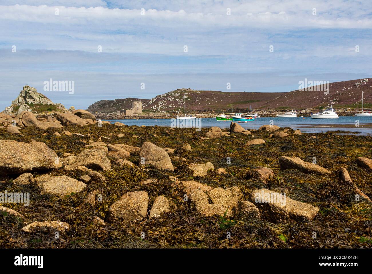 Boats anchored between Bryher and Tresco in the Isles of Scilly Stock ...