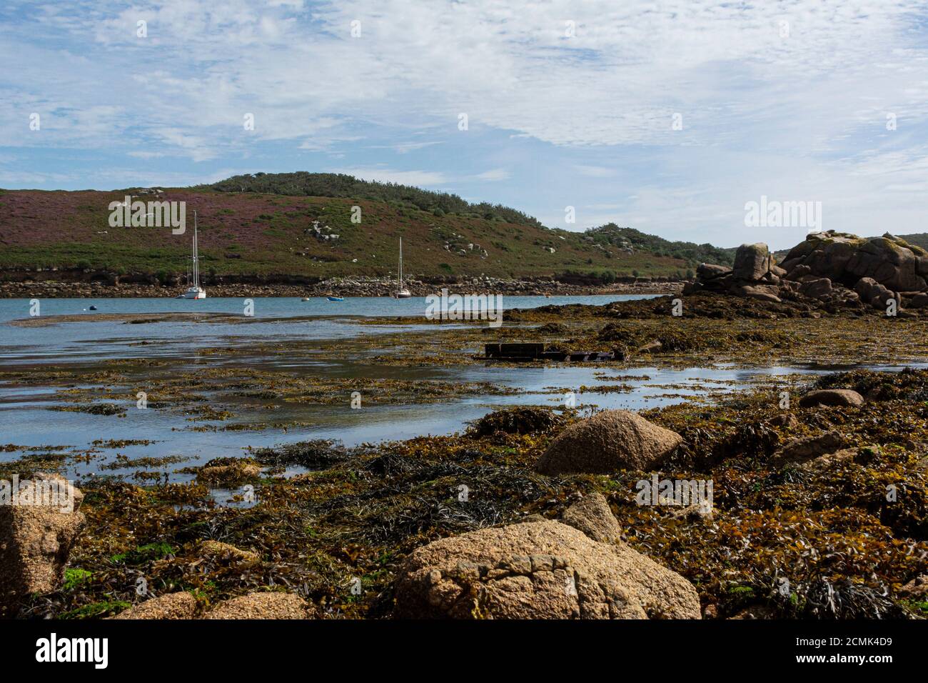 Boats anchored between Bryher and Tresco in the Isles of Scilly Stock ...