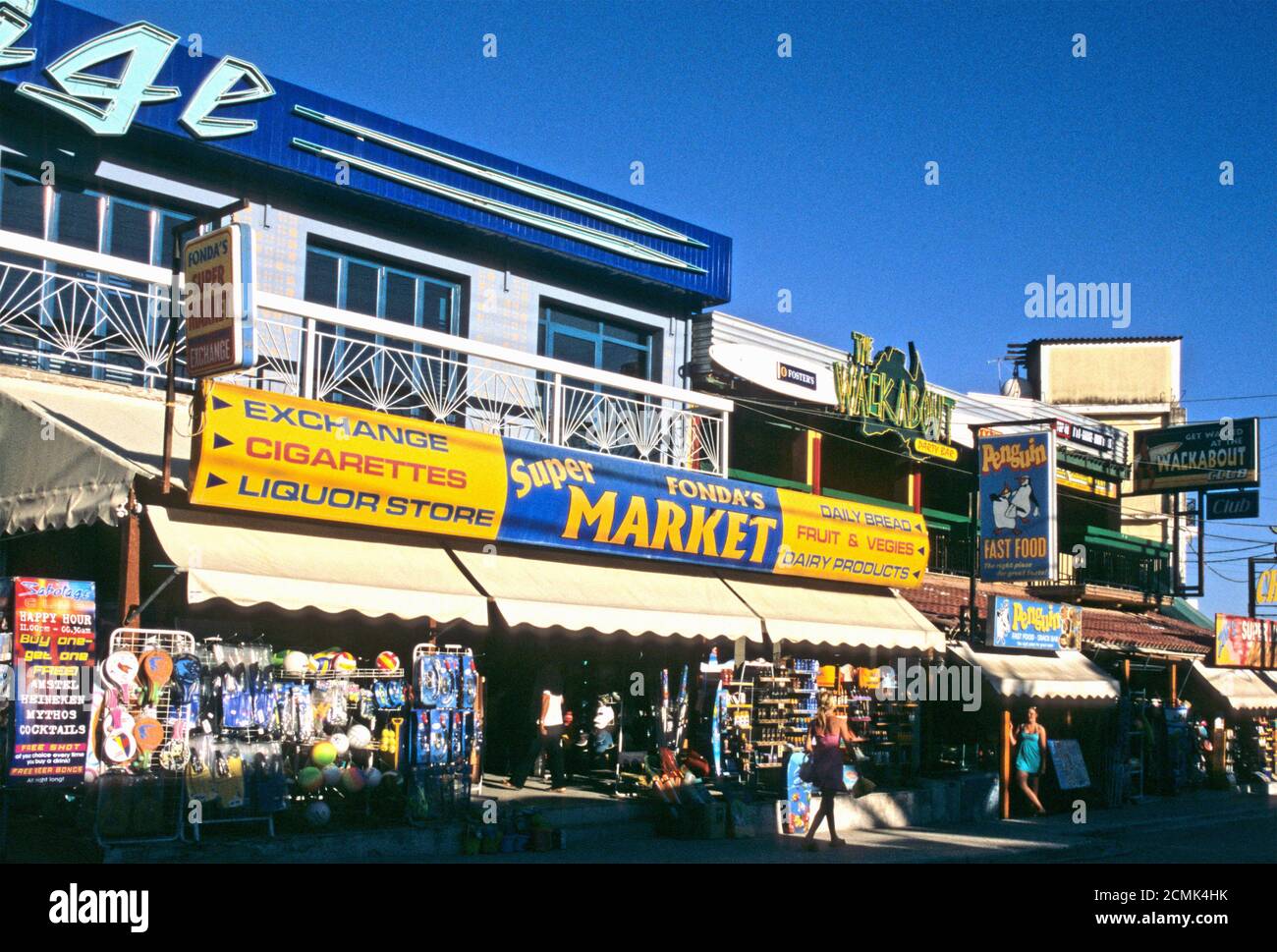 shops and bars on trhe main street of Laganas, Zante island, Greece ...