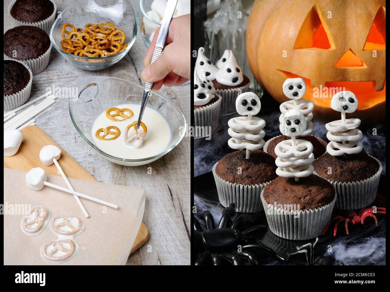 How to make skeleton from pretzels in milk chocolate Stock Photo - Alamy