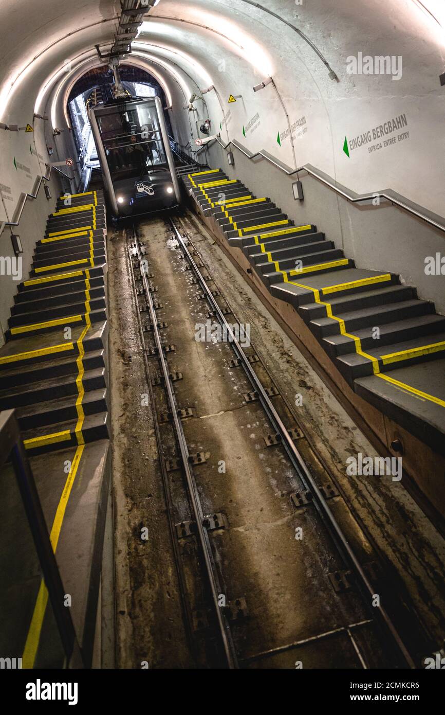 Heidelberg funicular arriving in the station tunnel Stock Photo - Alamy