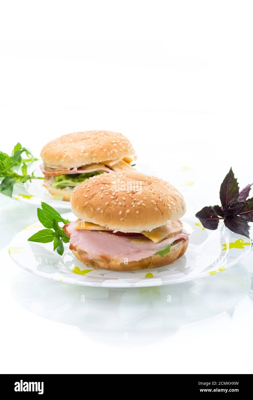 morning sandwich with bacon, cheese and herbs Stock Photo - Alamy