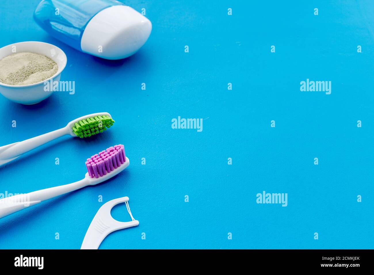 Oral care and hygiene layout of dental tools. Close up Stock Photo - Alamy