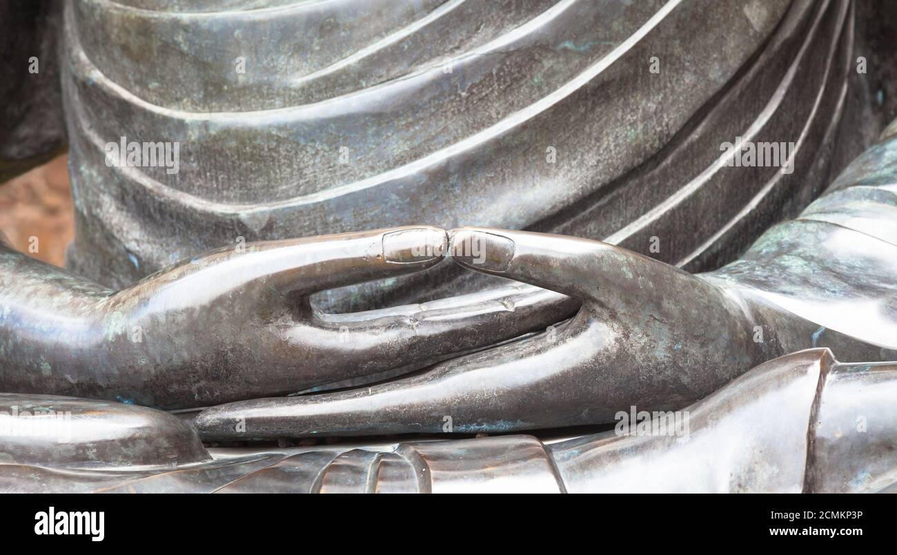 Detail of Buddha statue with Dhyana hand position, the gesture of ...