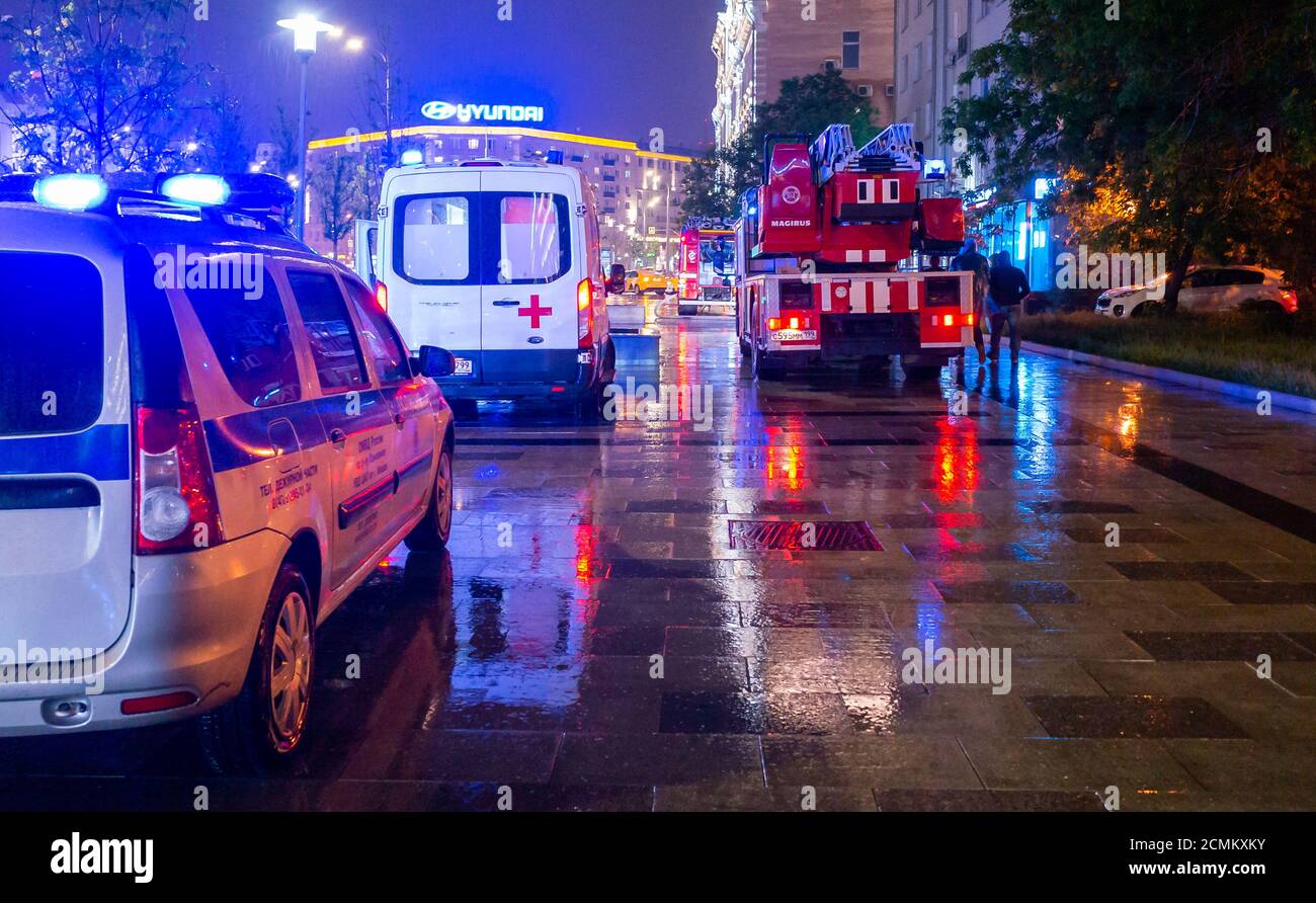 May 15, 2019, Moscow, Russia. Fire engines in the courtyard of the ...