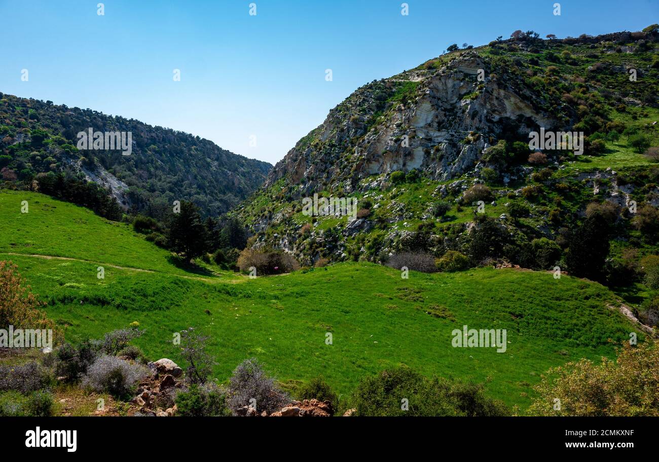 Water meadows and hills on the Mediterranean coast on the island of ...