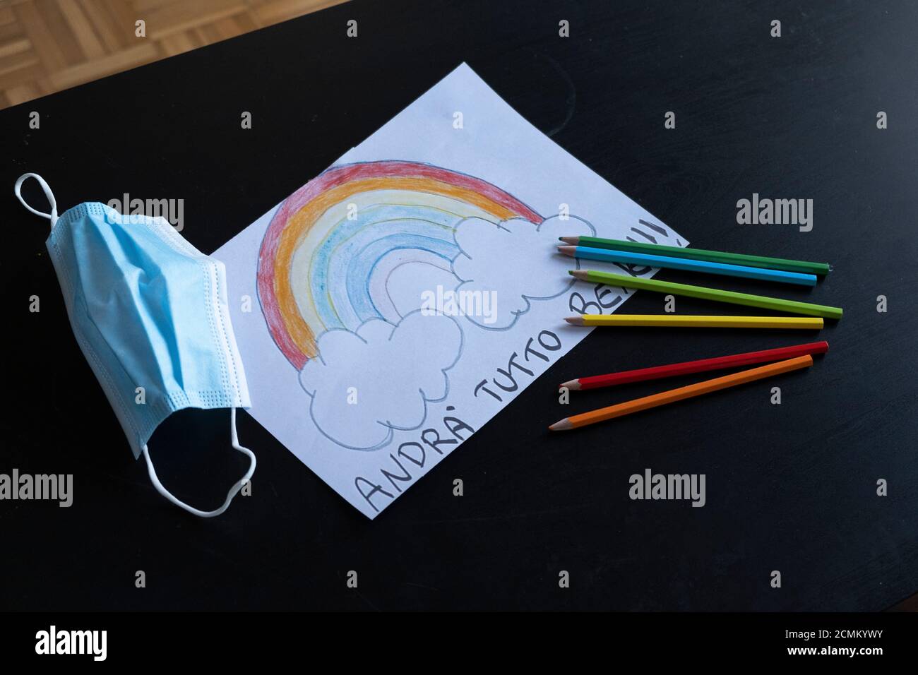 covid 19 italian child draw homework in virus isolation with mask Stock ...
