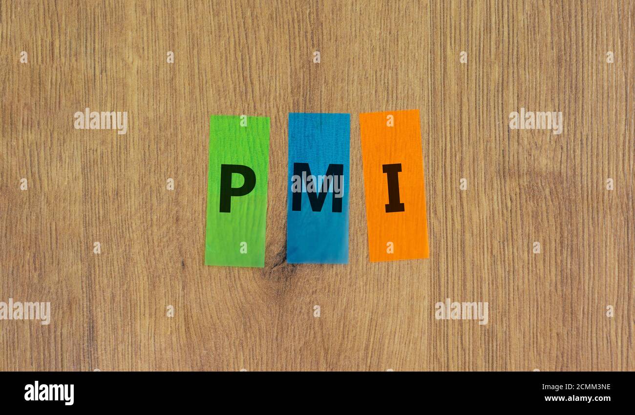Colored papers with word 'PMI' on beautiful wooden background, copy ...
