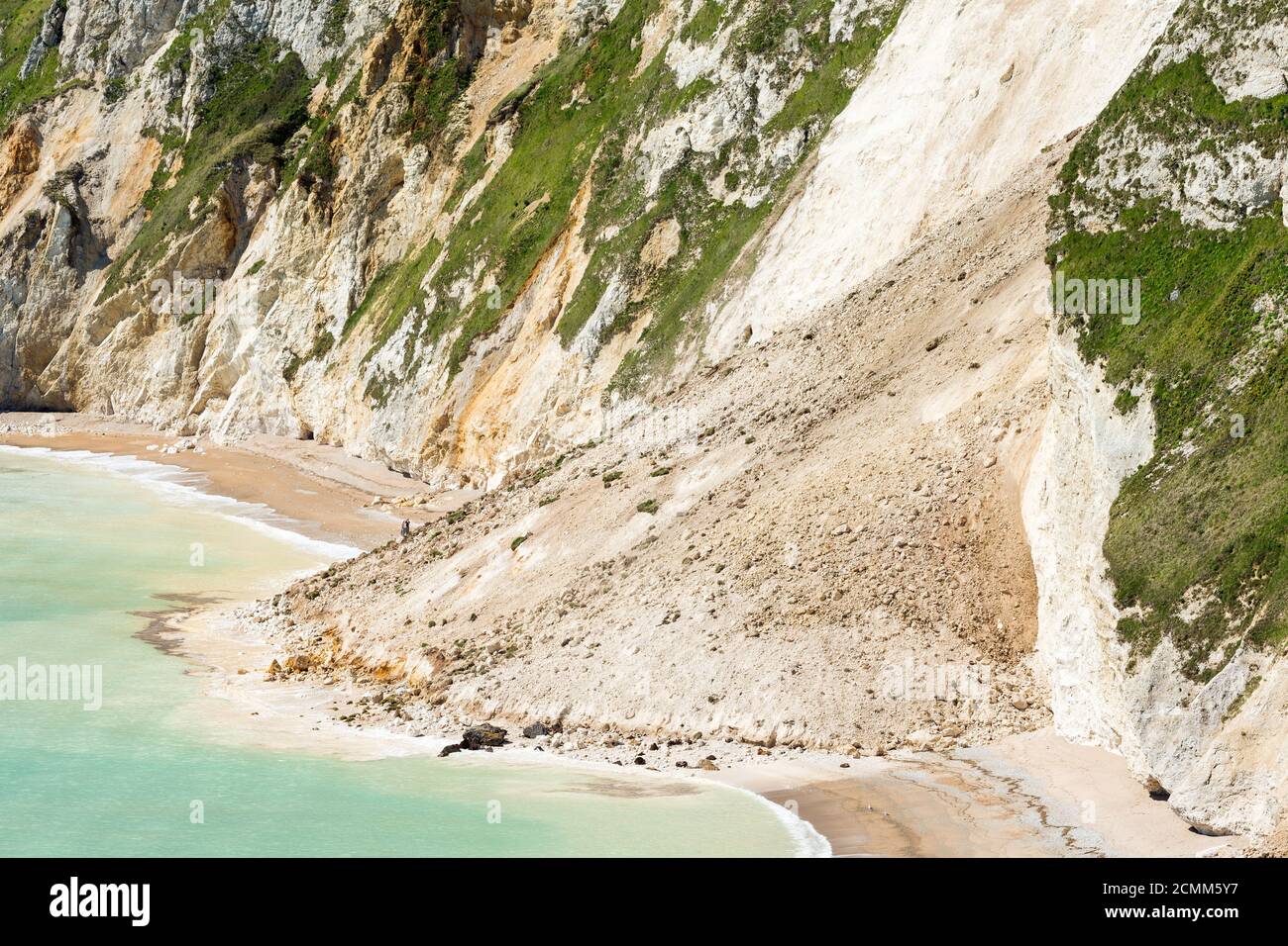 Rock falls at the Chalk cliffs in St Oswald's Bay, Dorset, England, UK ...