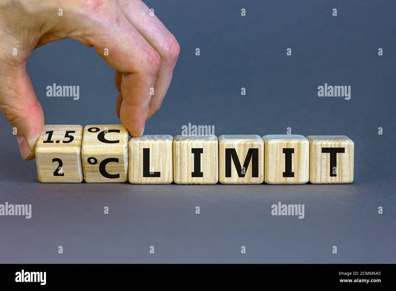 Symbol for limiting global warming. Hand turns a cube and changes the ...