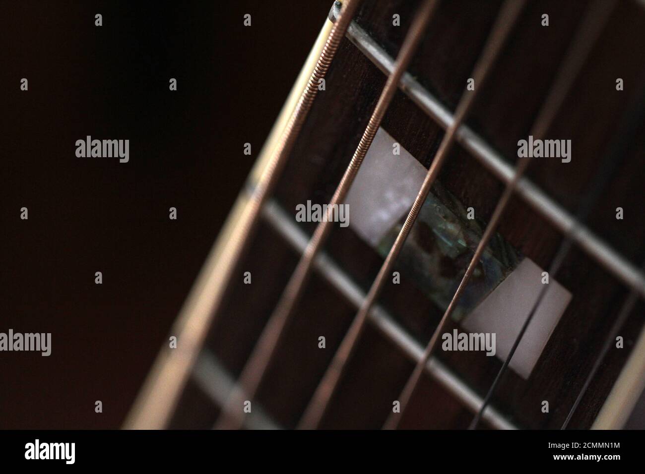 Close-up of an old acoustic guitar fretboard with rusty strings and ...