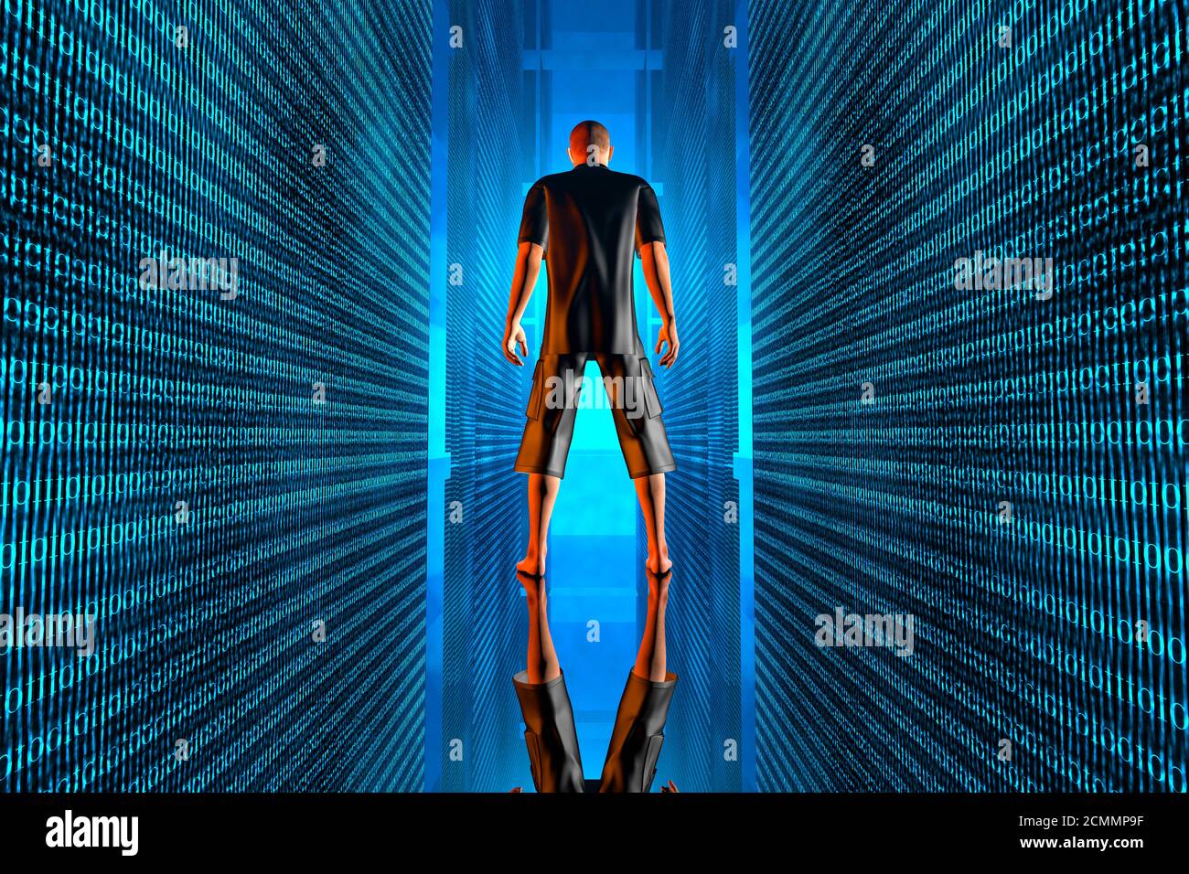 3D Illustration of a man standing between infinite lines of code ...