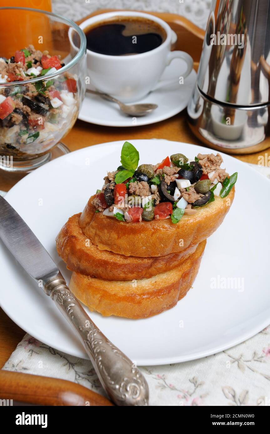 Breakfast with croutons and coffee Stock Photo - Alamy