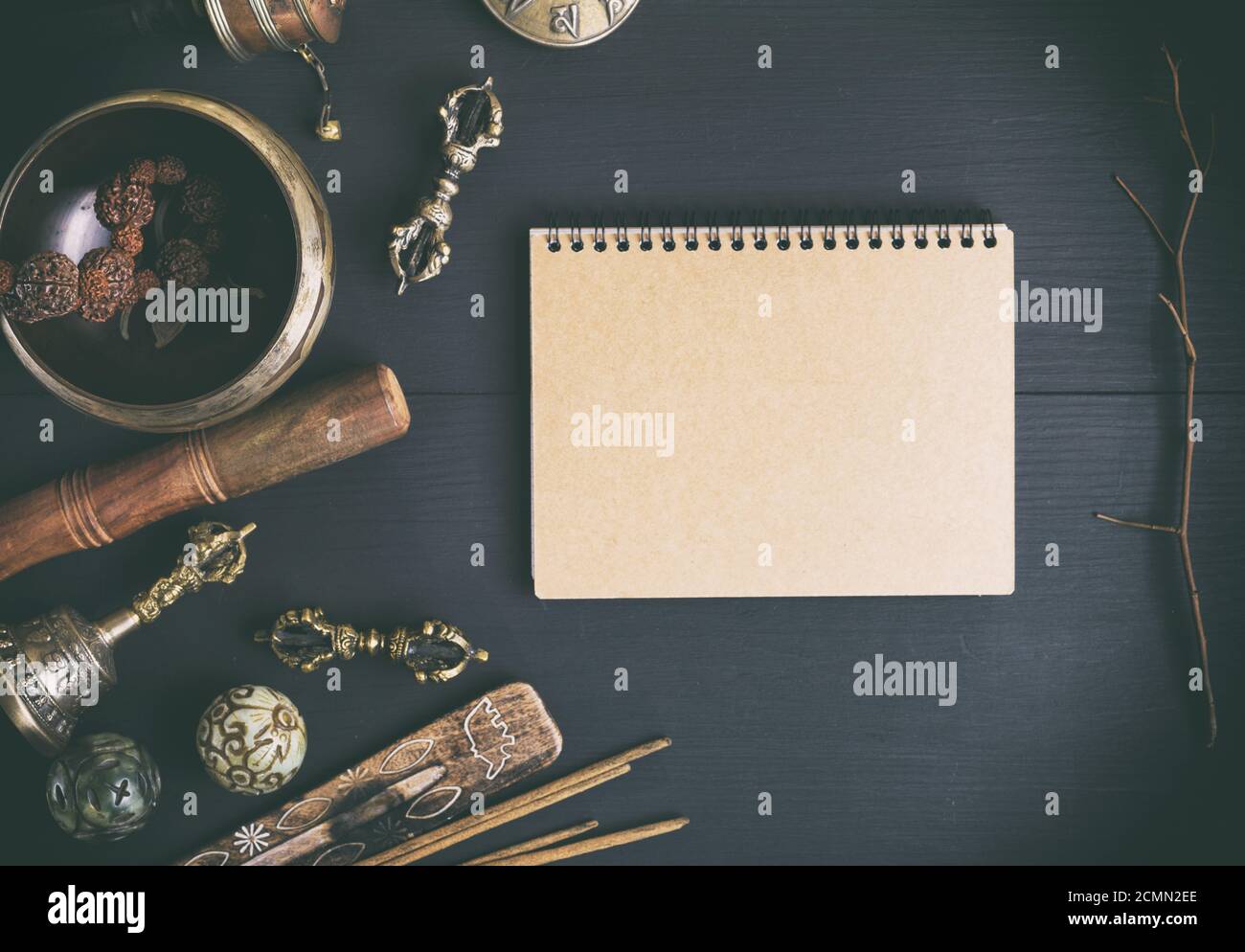 Asian religious musical instruments for meditation and notebook Stock ...