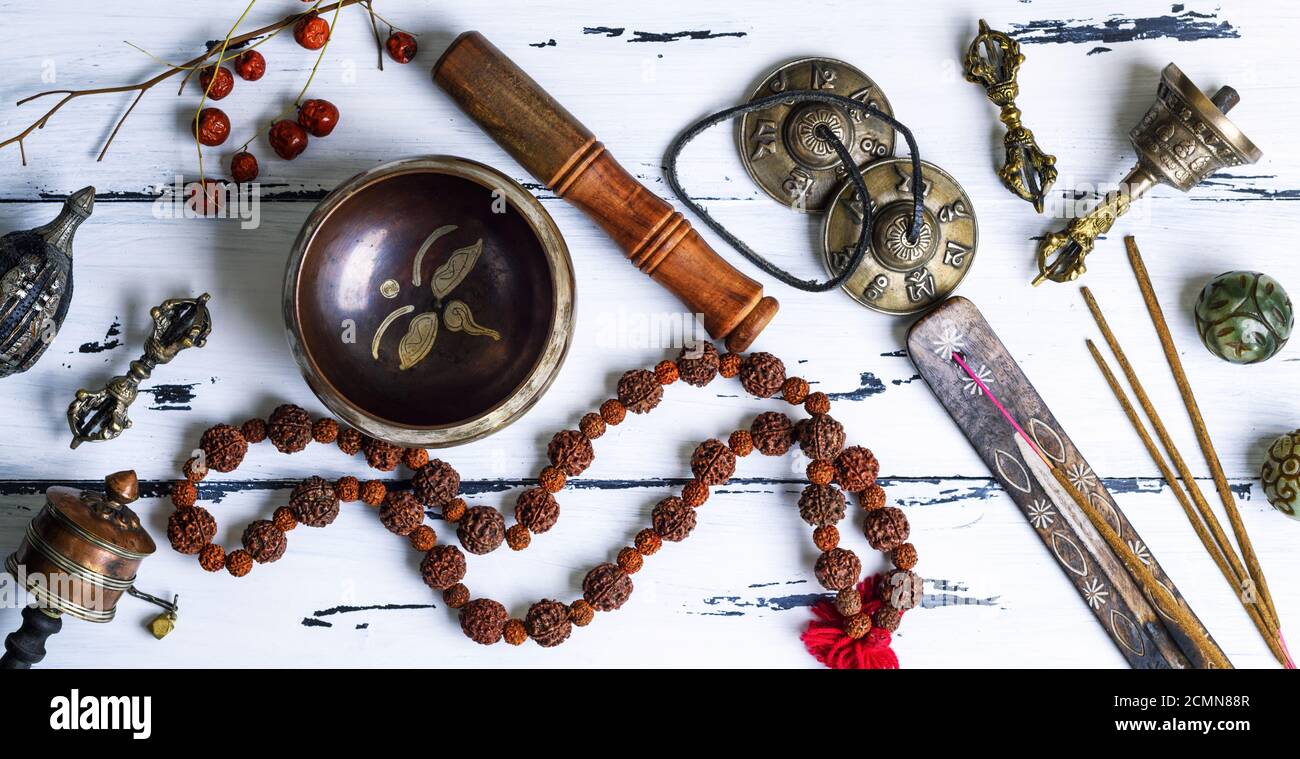 Tibetan religious objects for meditation Stock Photo - Alamy