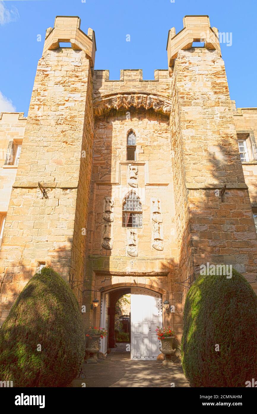 Gate and towers at Lumley Castle in County Durham, England. The 14th ...