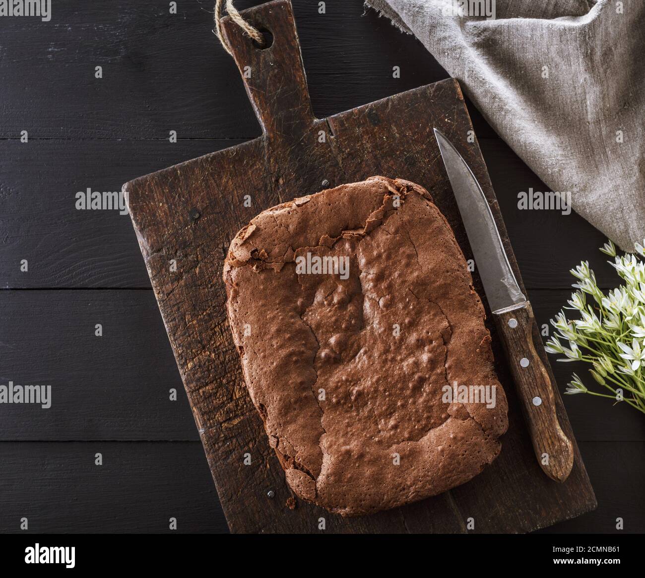 baked rectangular chocolate brownie pie is cut into squares Stock Photo ...