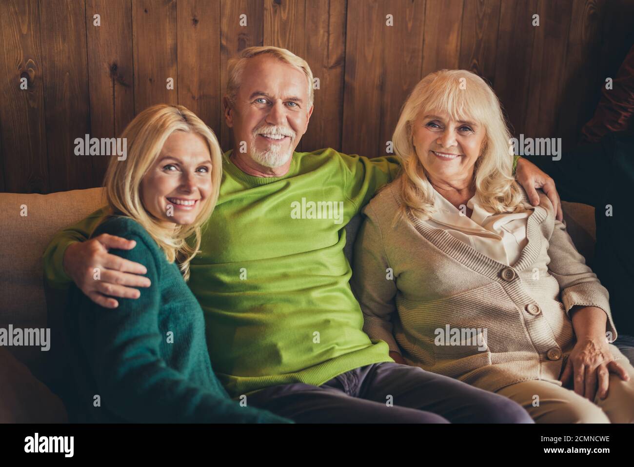 Family meeting thanks giving occasion three elderly people sit sofa ...