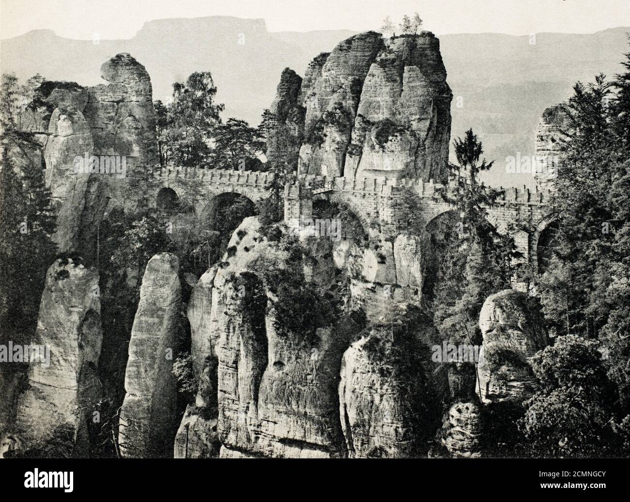 A historical view of the Bastei Bridge in Saxony, Germany, taken from a ...