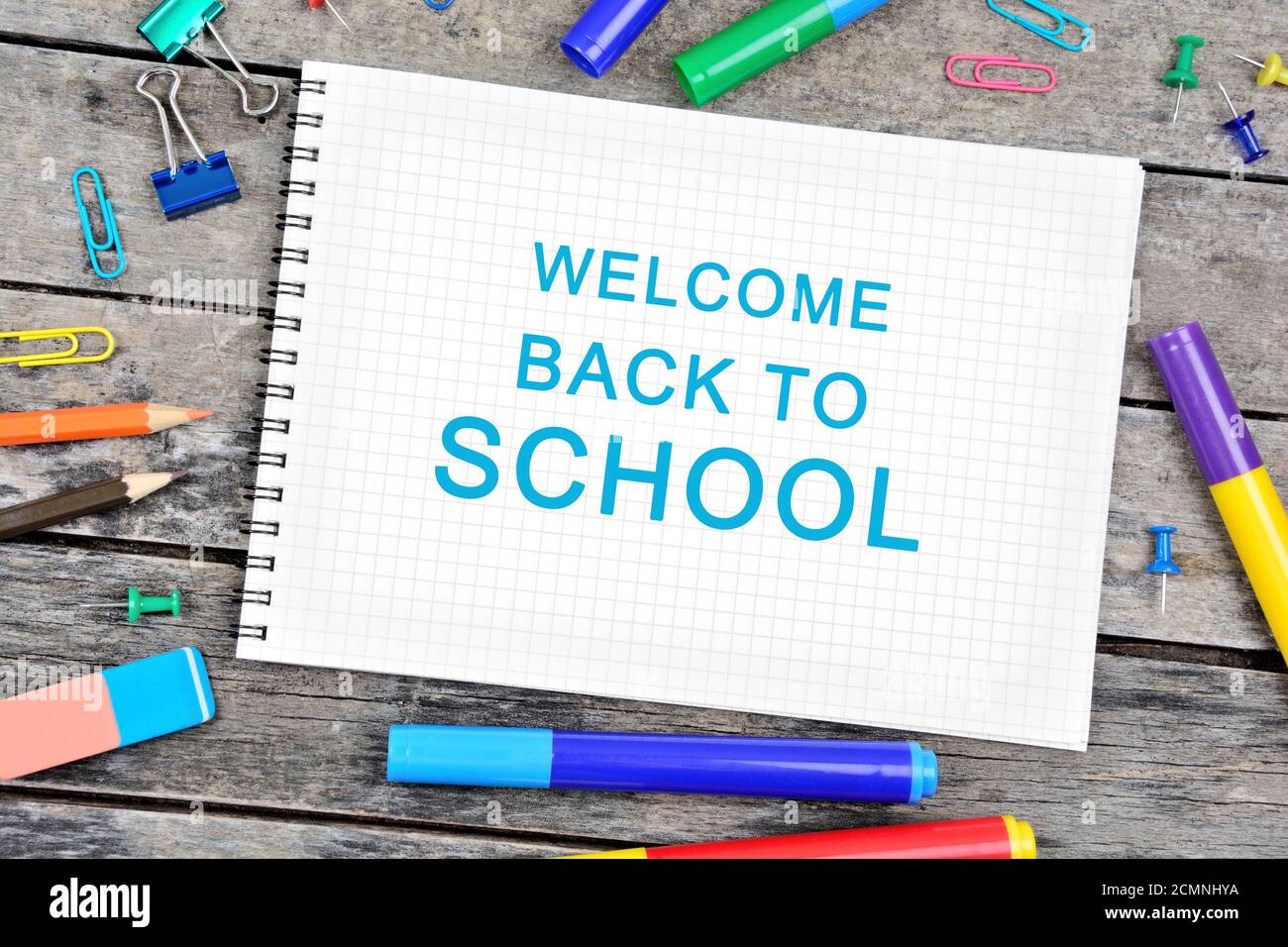 Welcome Back to School words on notebook page Stock Photo - Alamy