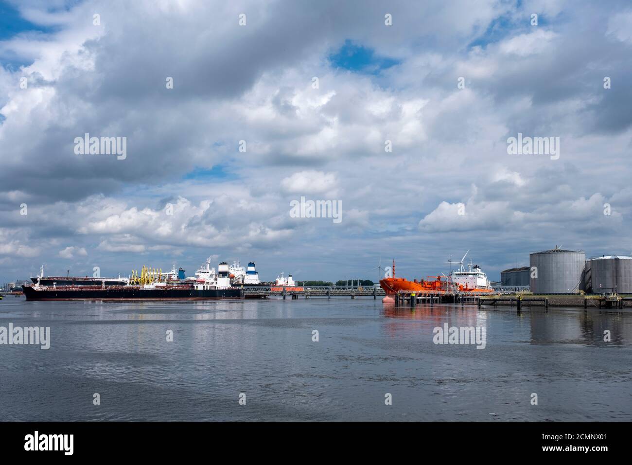 Tanker and oil storage tanks in Rotterdam, Netherlands. The port is the ...