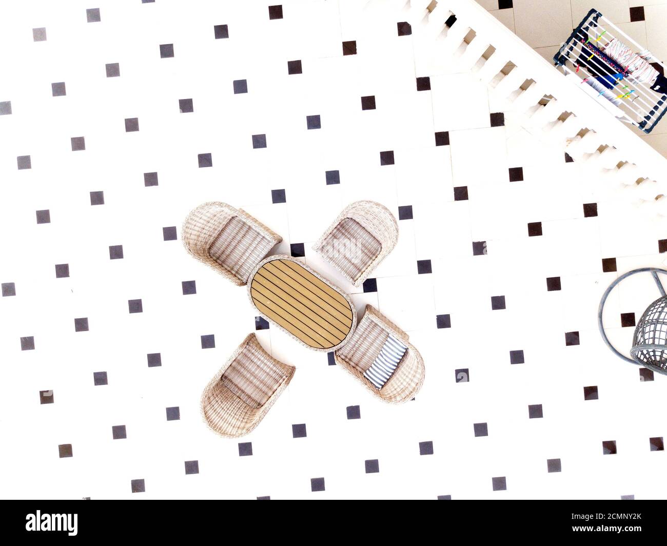 Overhead shot of a patio with furniture nad laundry rack Stock Photo ...