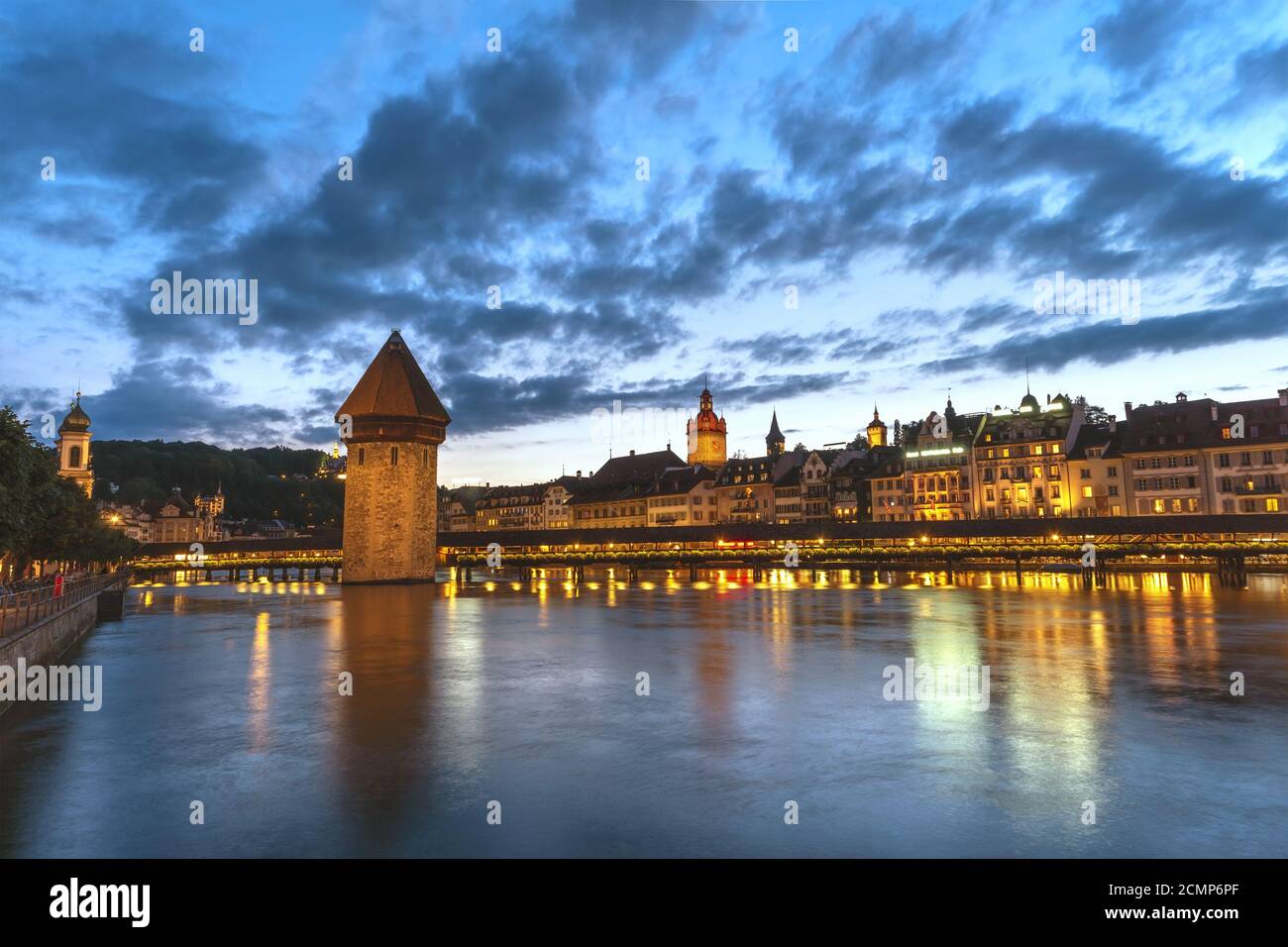 Lucerne (Luzern) Switzerland, Sunset city skyline at Chapel Bridge ...
