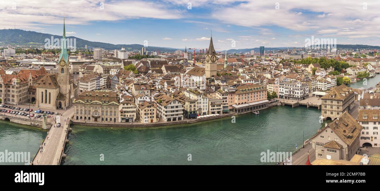 Zurich Switzerland, aerial view panorama city skyline from Grossmunster ...