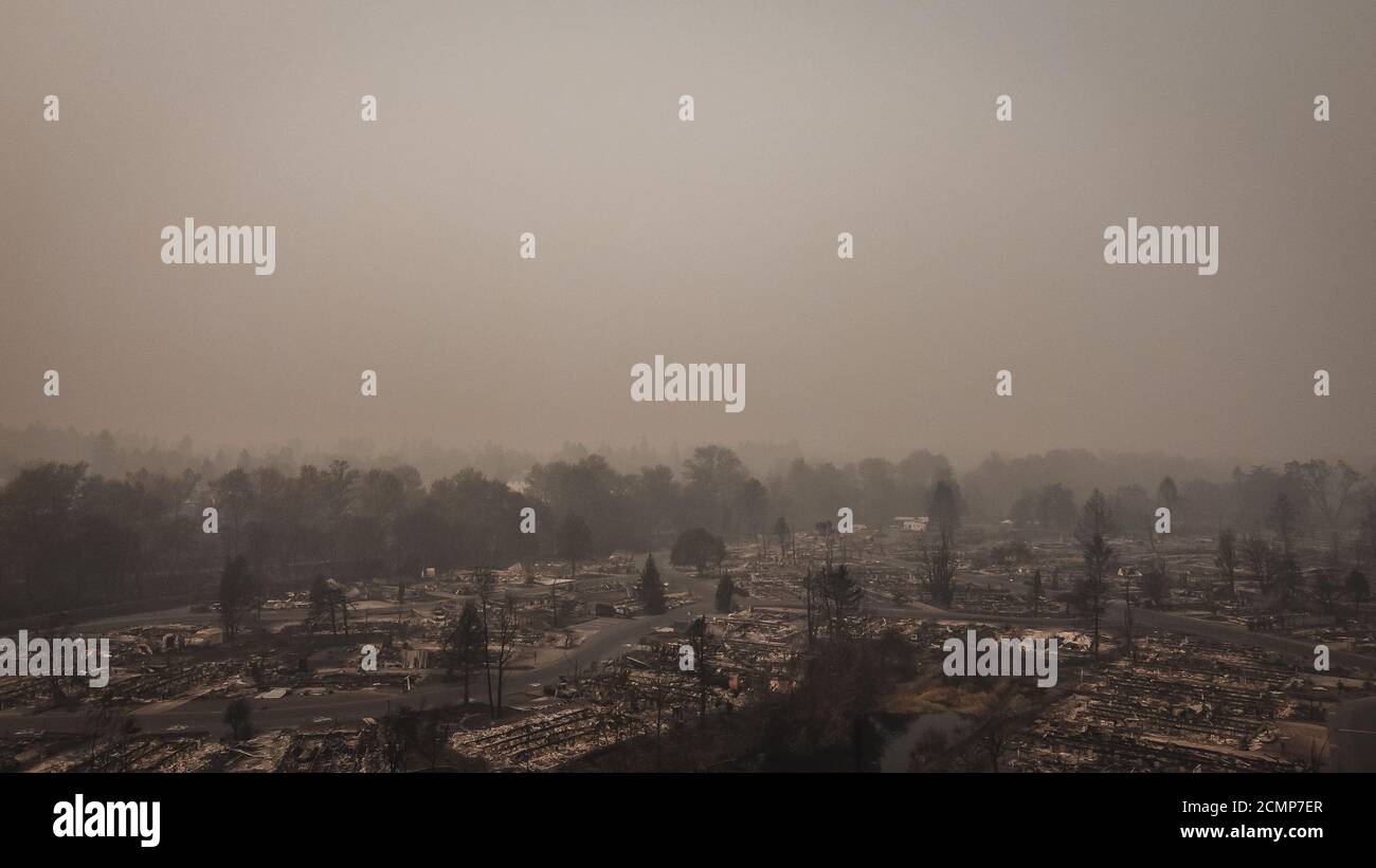 Aerial View of Almeda Wildfire aftermath with smoke and smog in ...