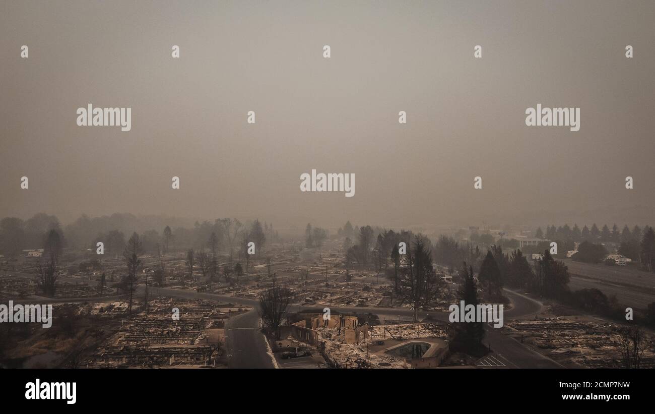 Aerial View of Almeda Wildfire aftermath with smoke and smog in ...