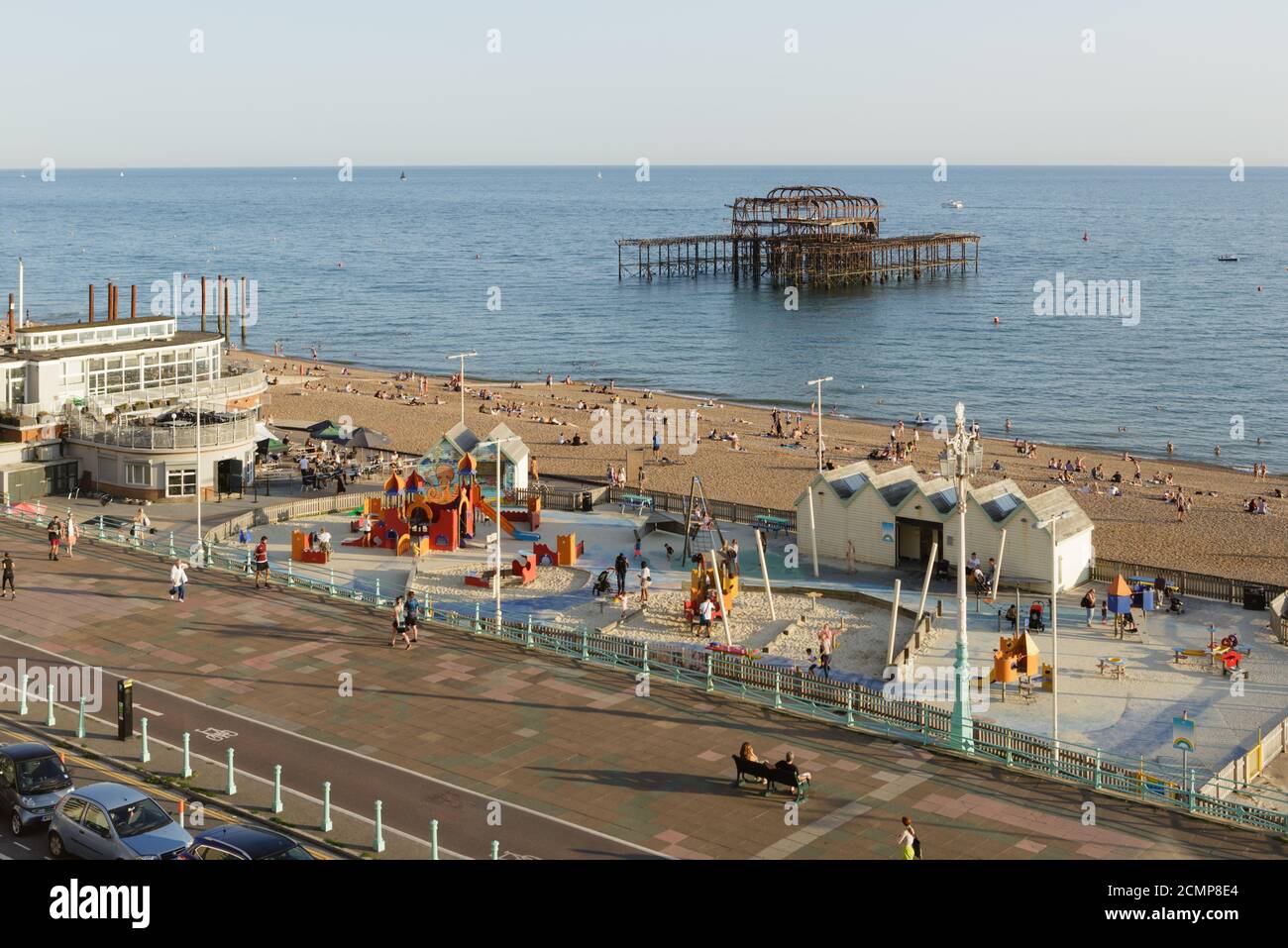 The seafront with the rusted skeleton of Brighton Pier detroyed by fire ...