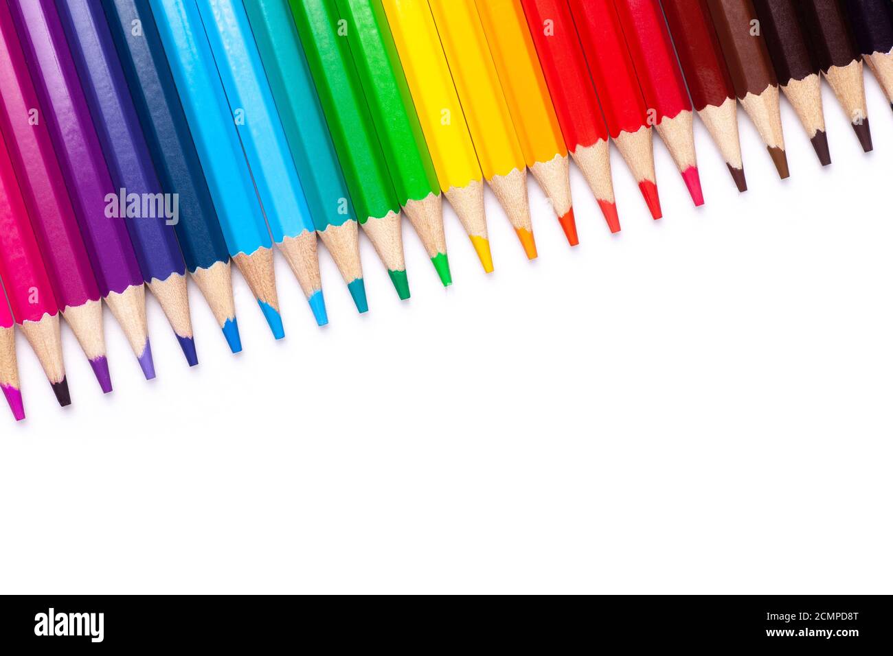 multi-colored wooden pencils in rainbow shades on a white isolated ...