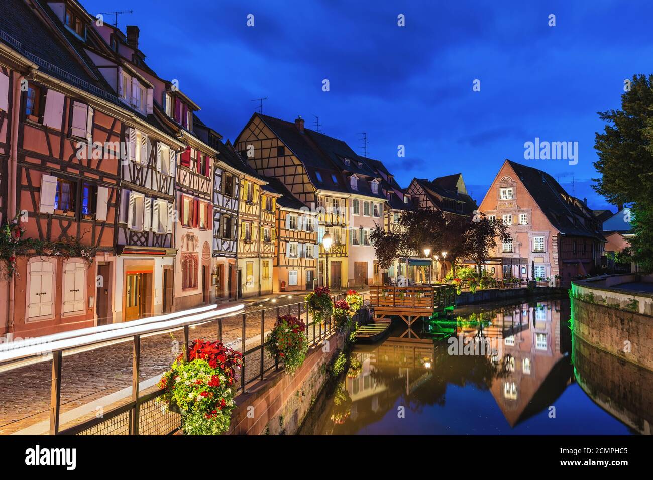 Colmar France, Colorful Half Timber House night city skyline Stock ...