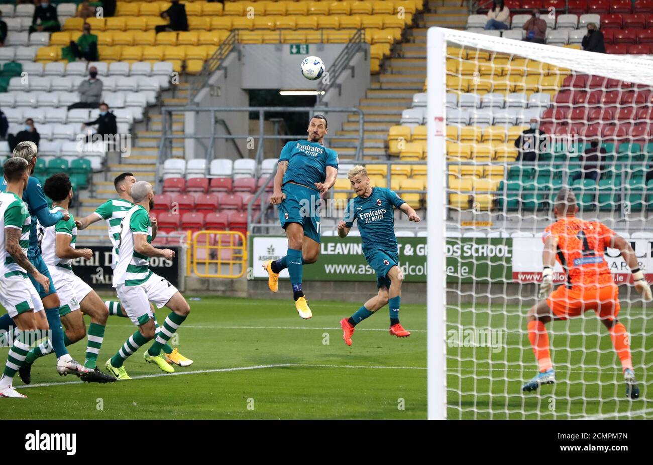AC Milan's Zlatan Ibrahimovic (centre) attempts a shot on goal during ...