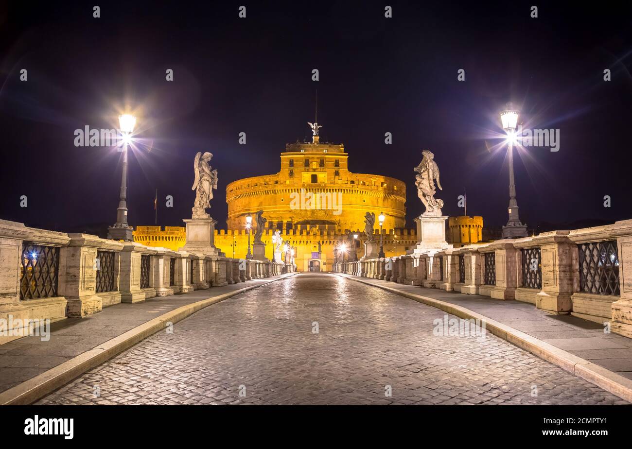 Rome by night - Sant'angelo Castle bridge Stock Photo - Alamy