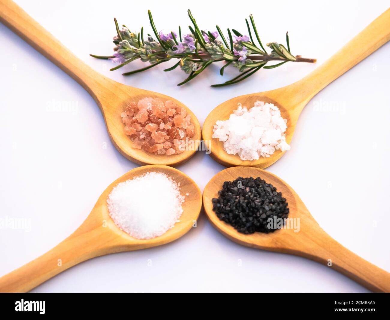 Wooden spoons with himalayan salt, black hawaii salt, common salt, salt ...