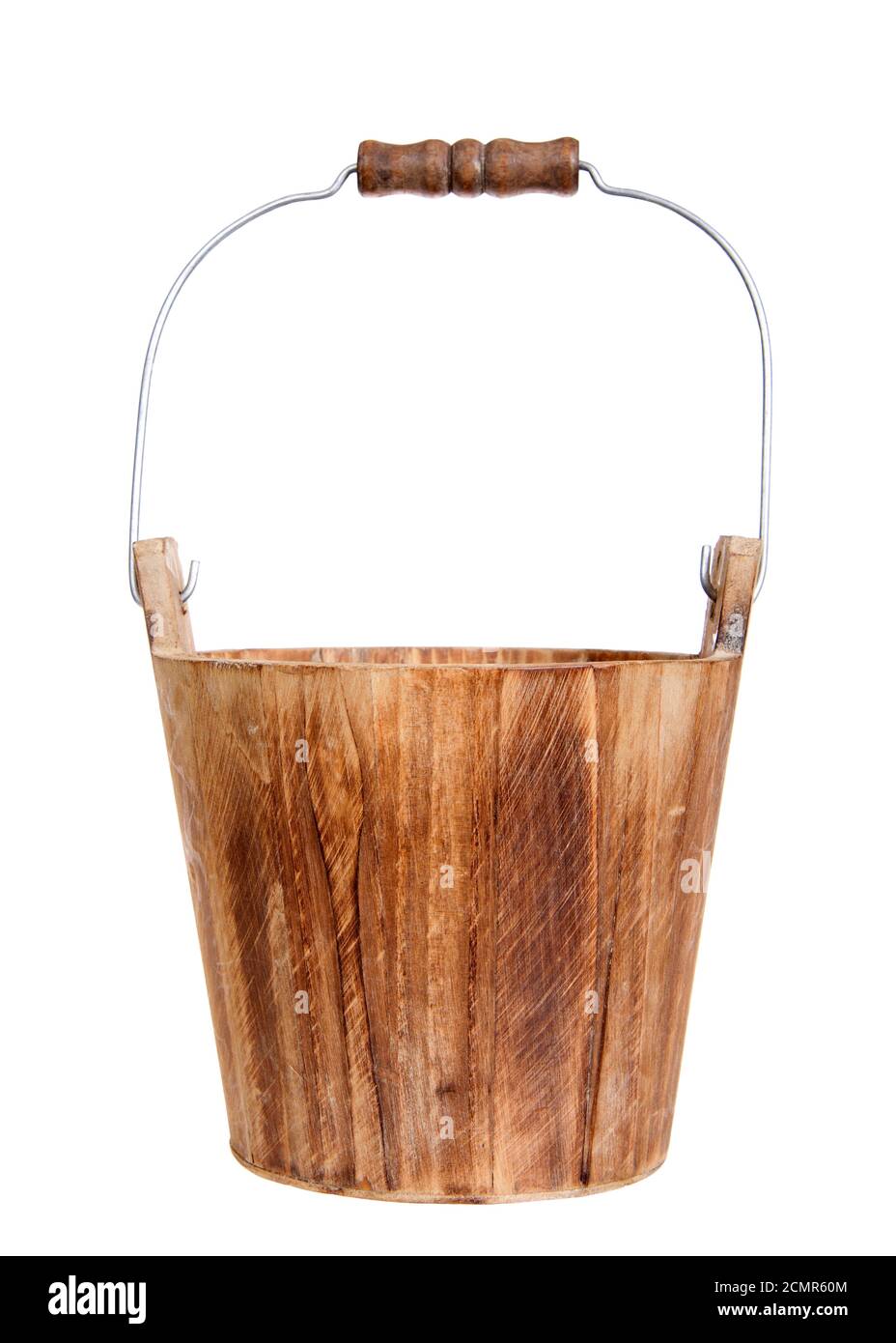 Close up of one handmade wooden bucket with wood handle on metal ...