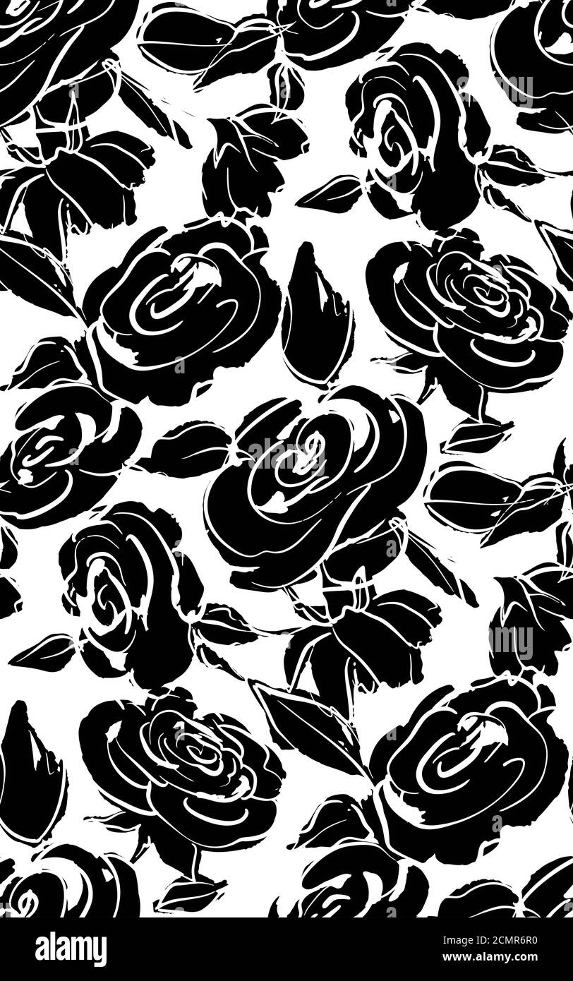 Floral seamless background pattern. Black and white spring flowers hand ...