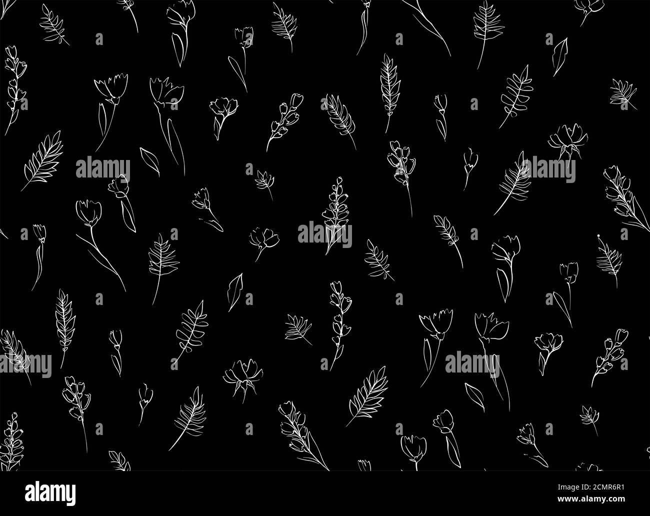 Floral seamless background pattern. Black and white spring flowers hand ...